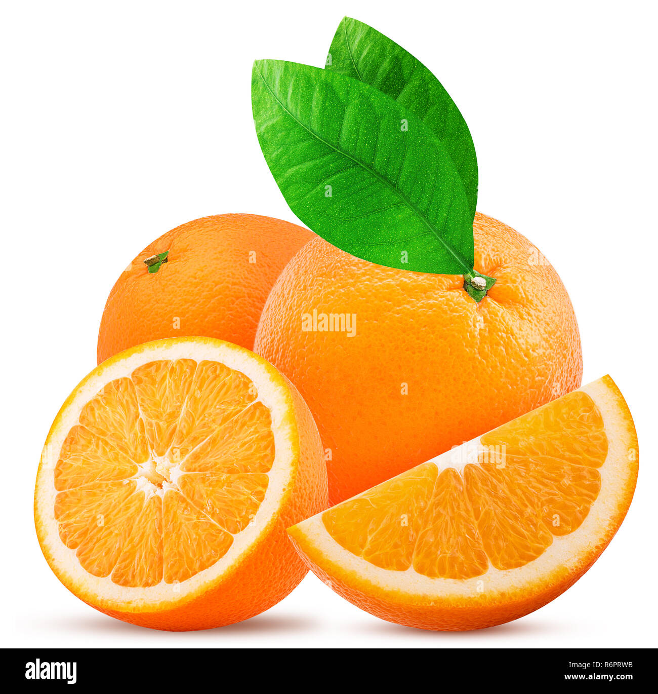 Two orange fruit one cut in half and slice with leaf isolated on white ...