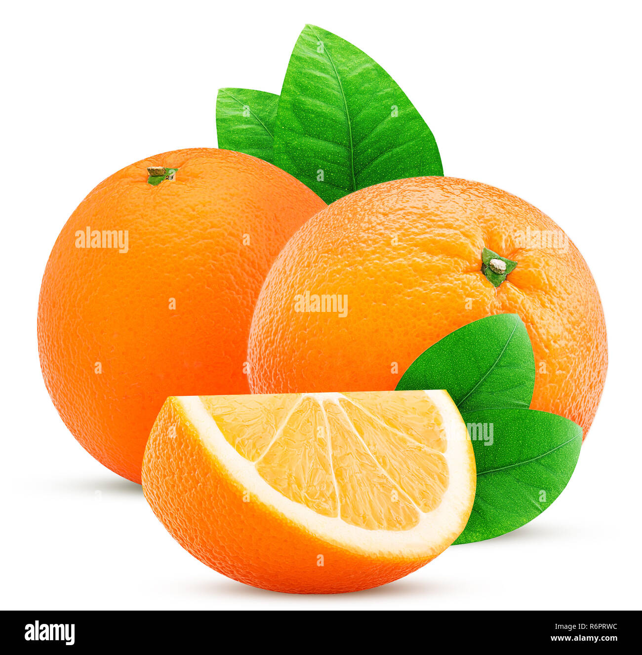 Two orange fruit and slice with leaf isolated on white background ...