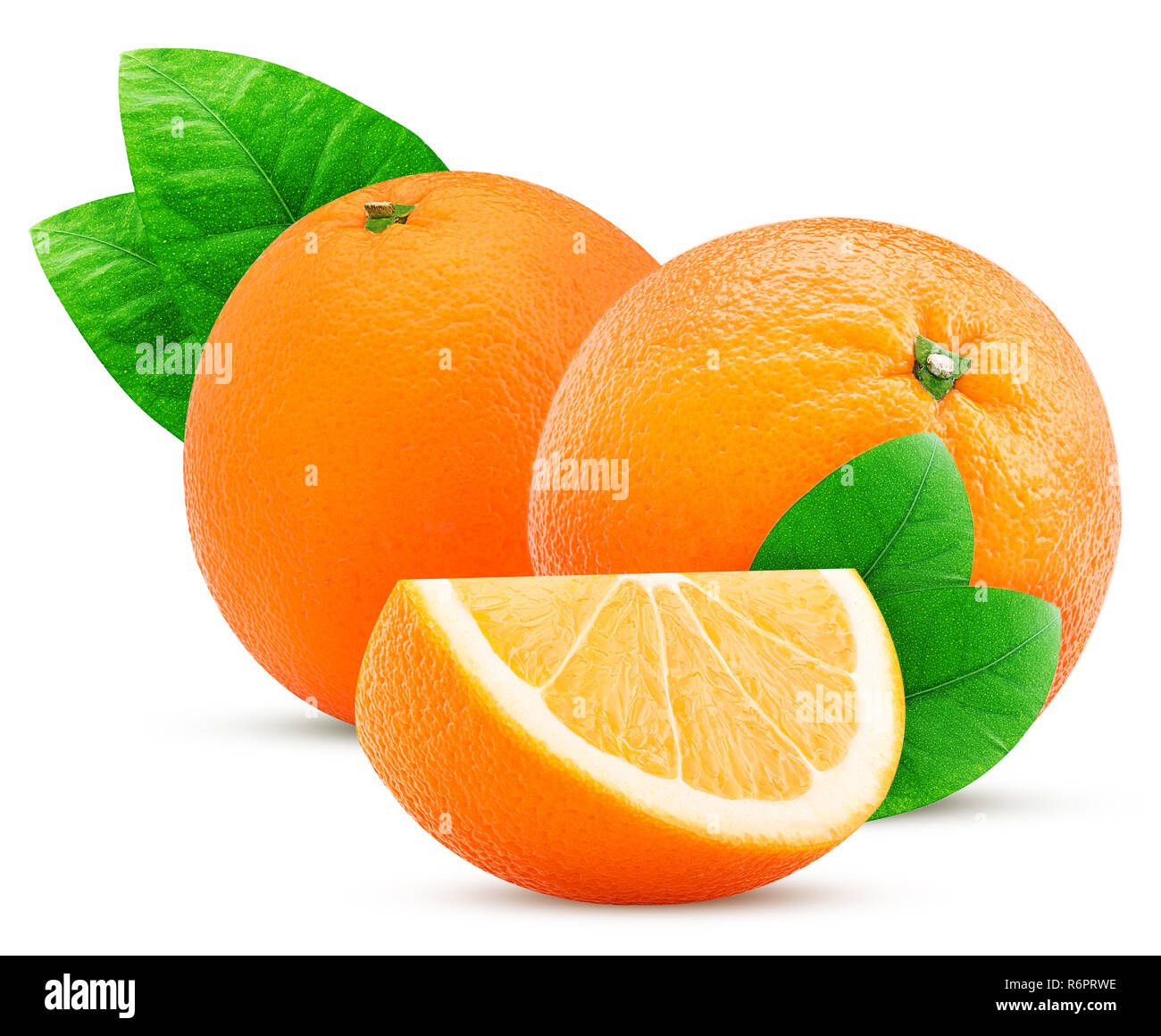 Two orange fruit and slice with leaf isolated on white background ...