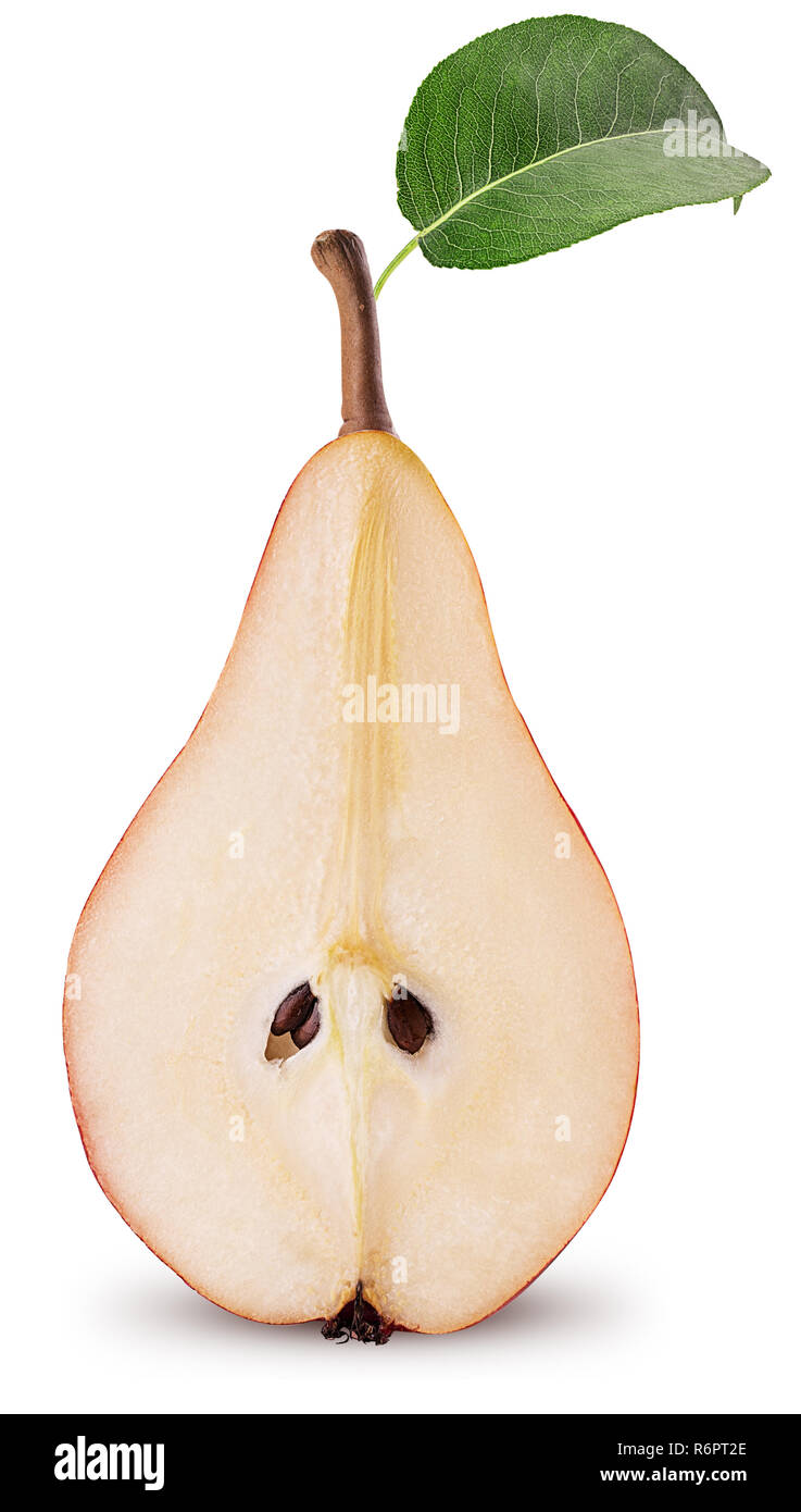 Fresh red pears cut in half with leaf isolated on white background ...