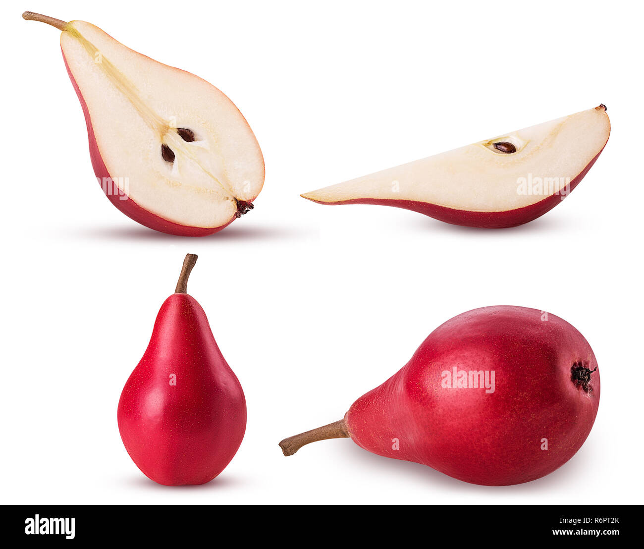 Set fresh red pears whole, cut in half, quarter isolated on white ...