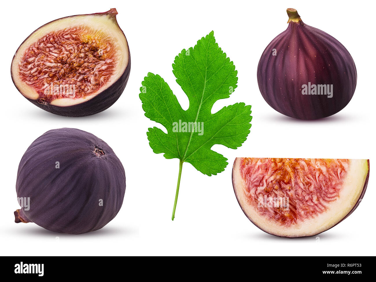 Collection fresh figs fruit, whole, slice, cut in half with leaf ...