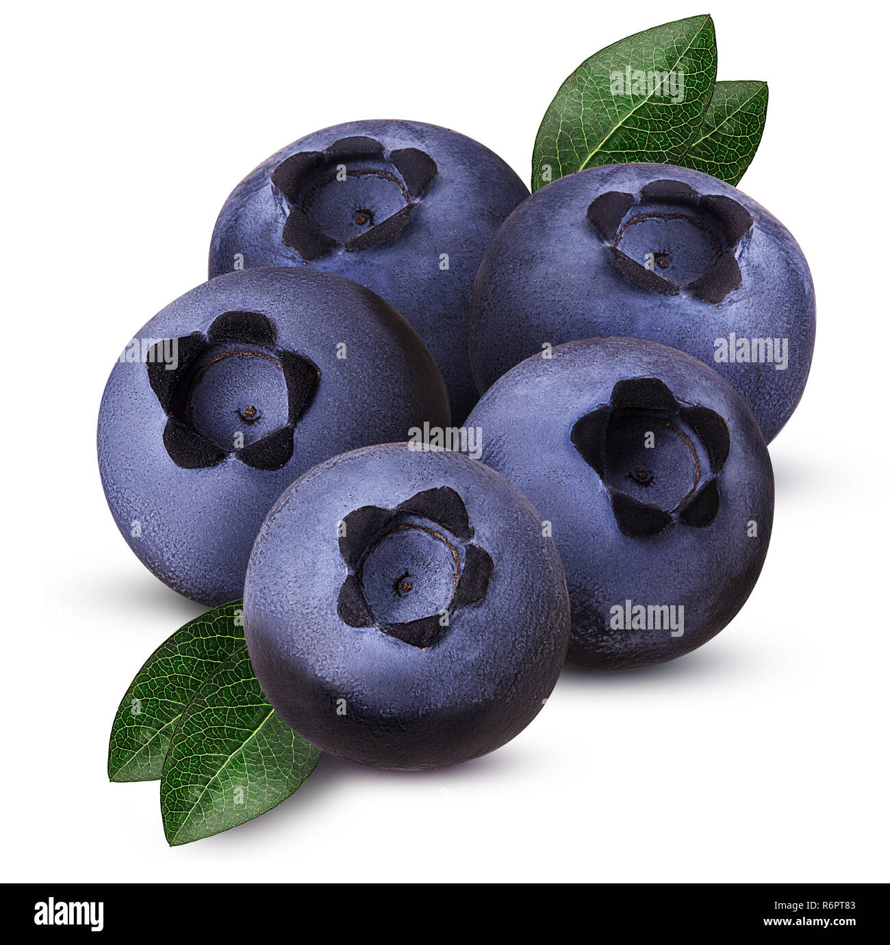 Handful of five ripe blueberry one cut in half with leaf isolated on ...