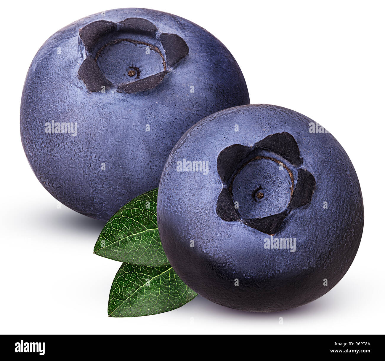 Two ripe blueberry with leaf isolated on white background. Clipping ...