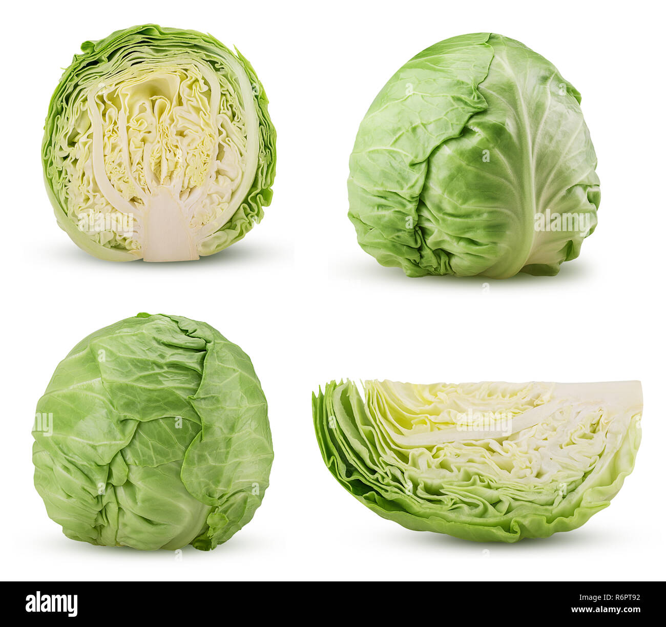 Set green cabbage whole, cut in half, slice isolated on white ...