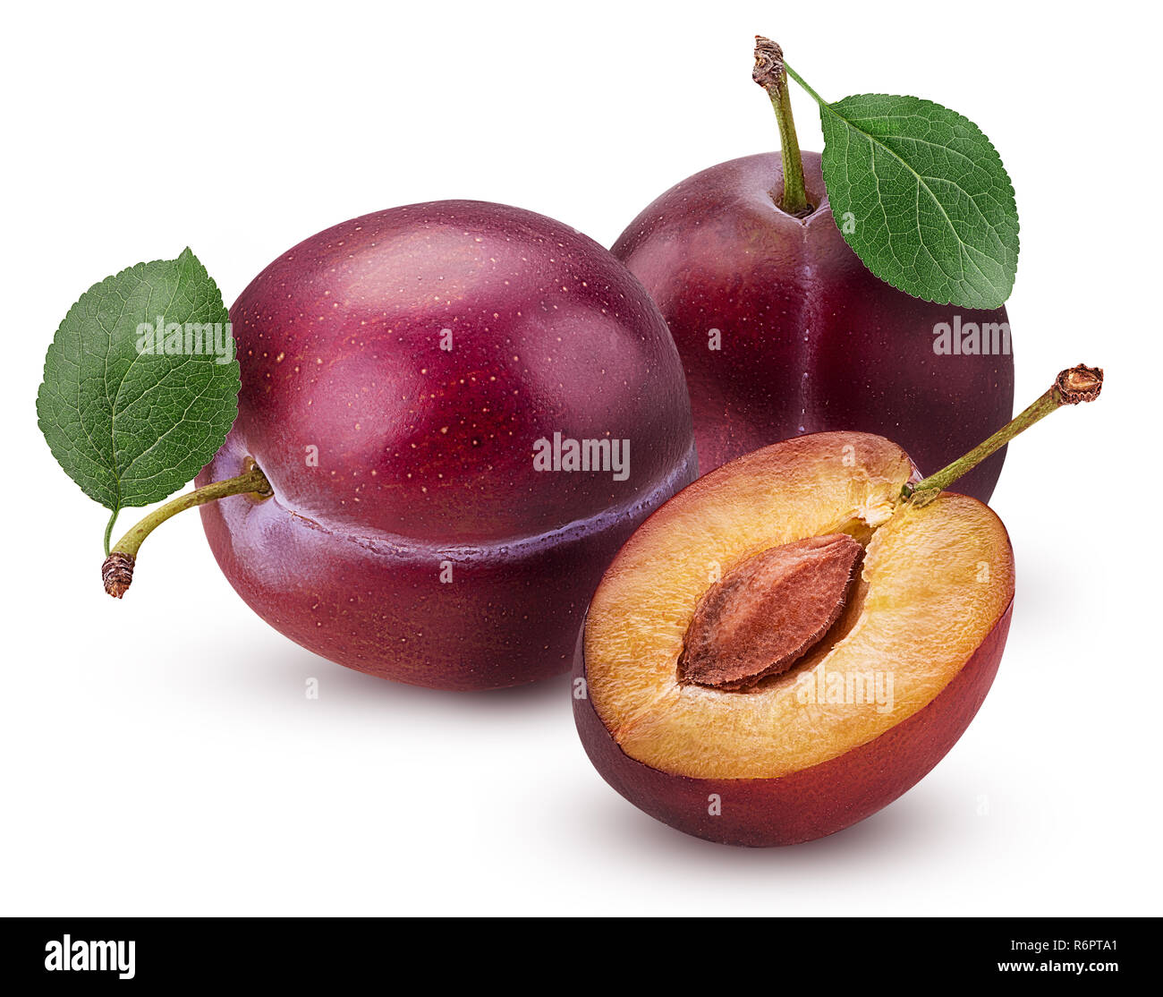 Two Fresh plum with leaf and one cut in half with bone isolated on ...