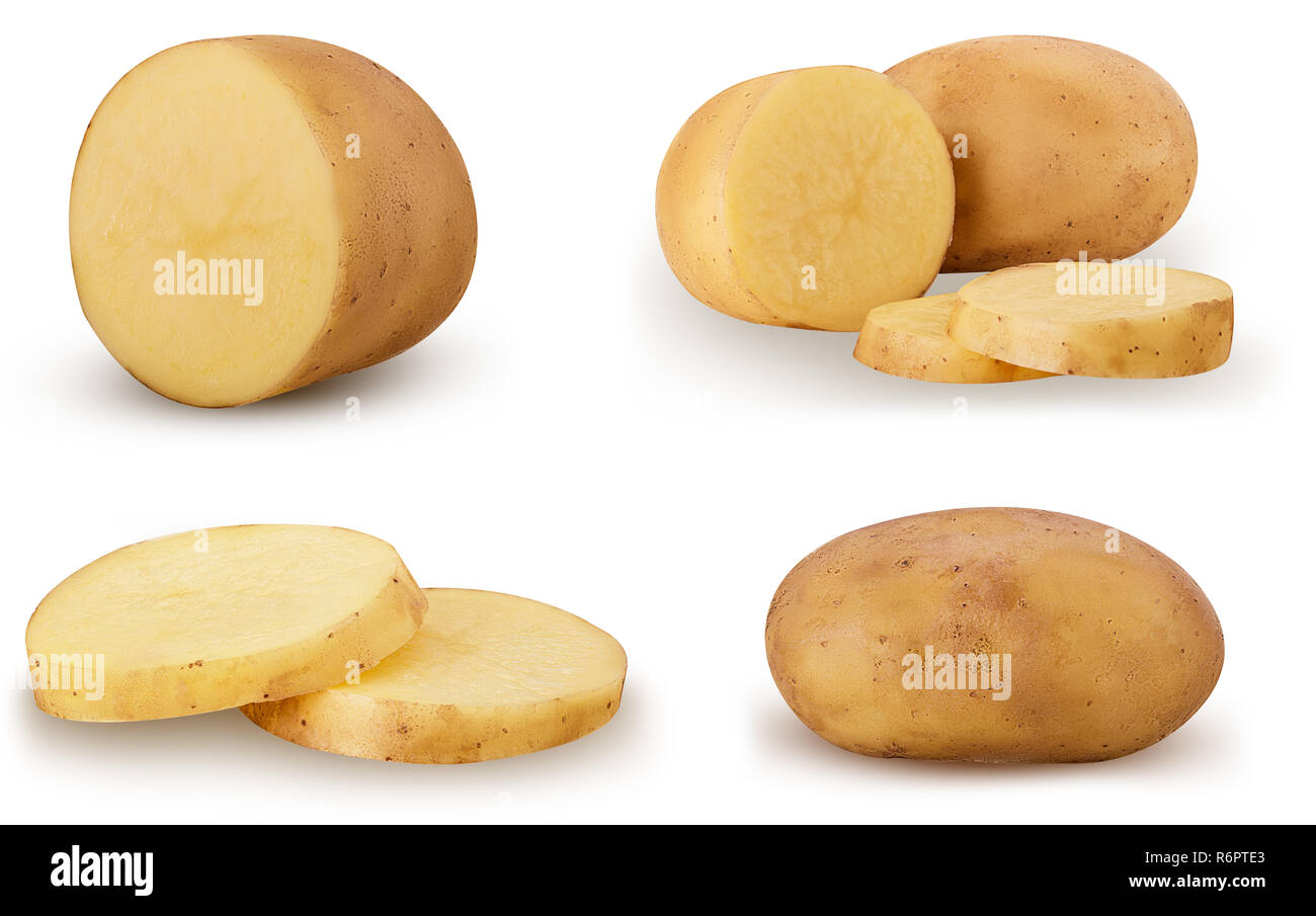 Set young potatoes whole, cut in half, ring slice isolated on white ...