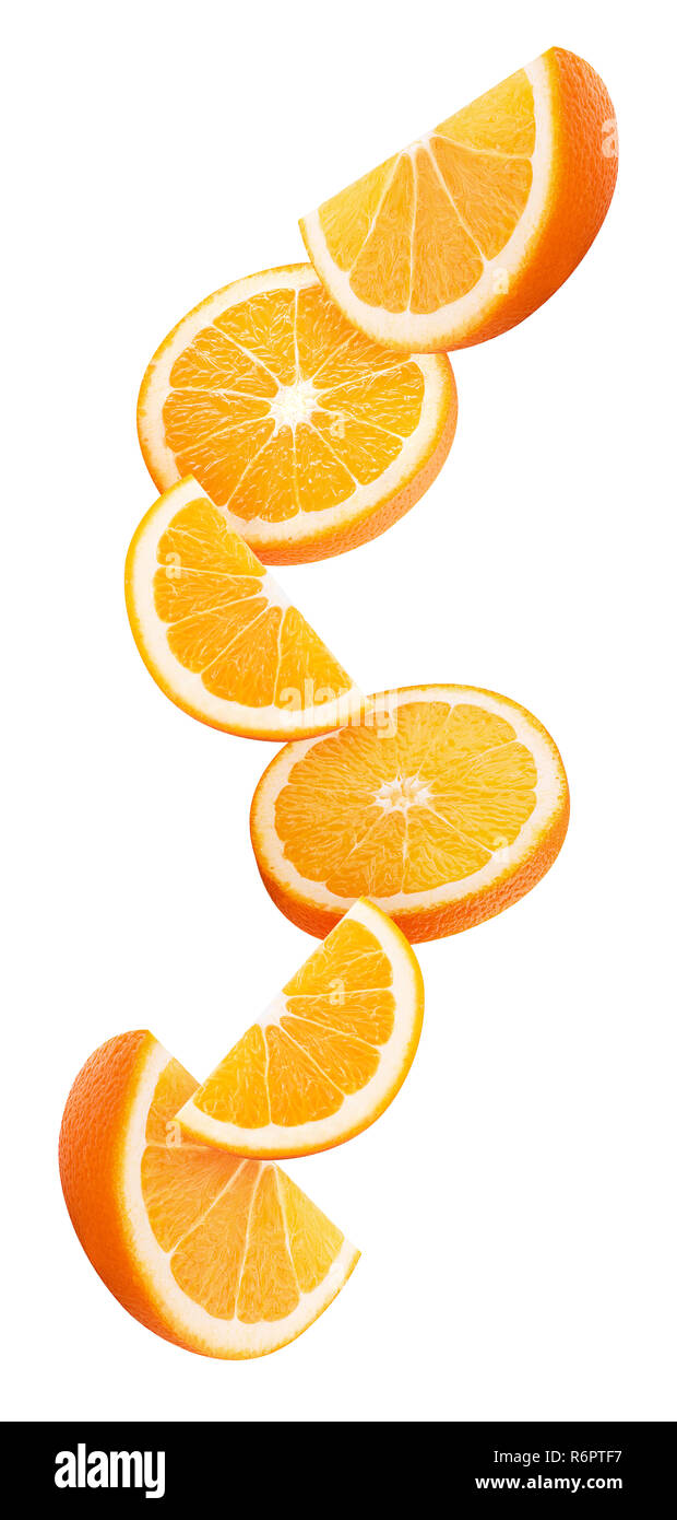 Slices orange flying in the air isolated on white background. Clipping ...