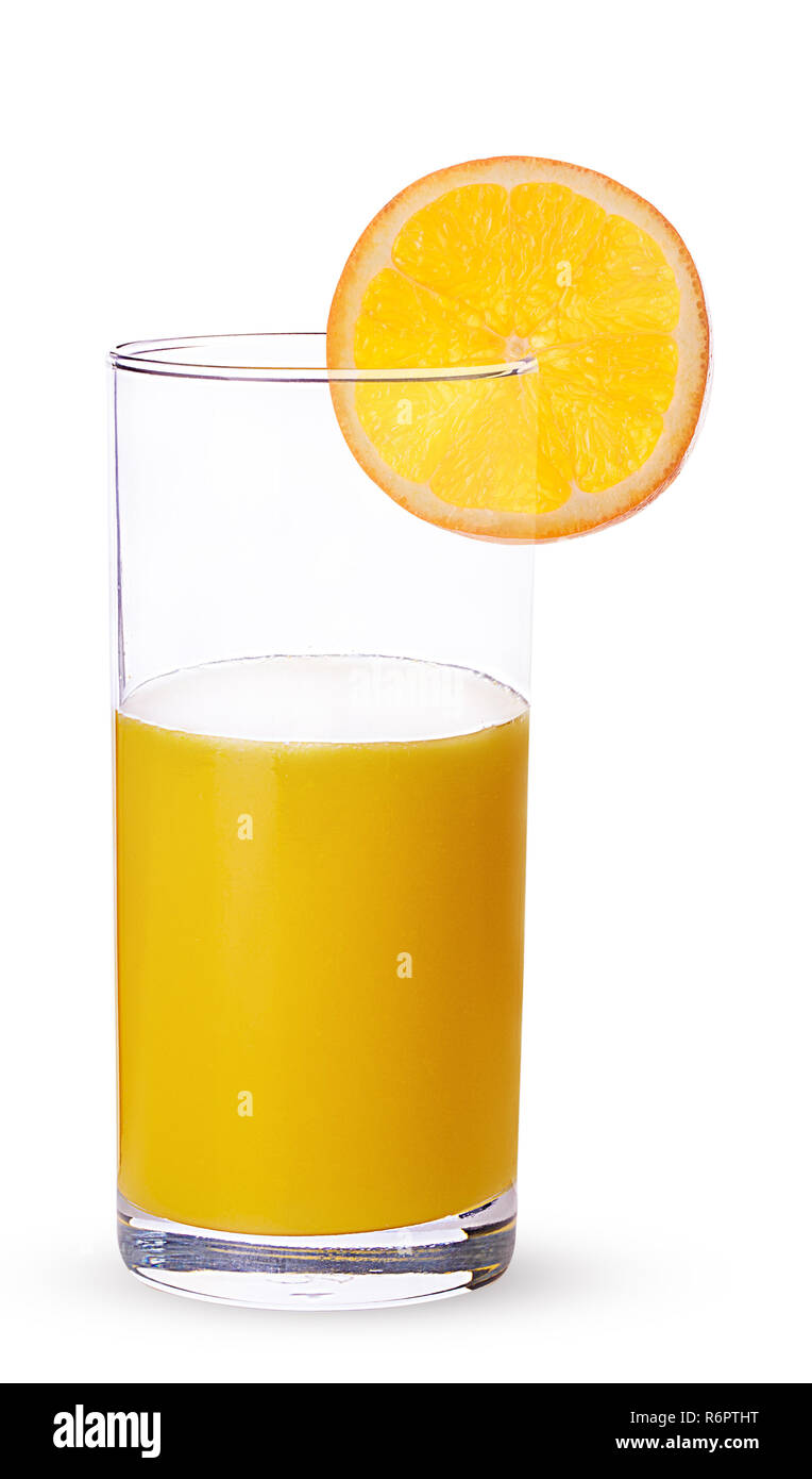 Glass of fresh orange juice with oranges round lobule isolated on white ...