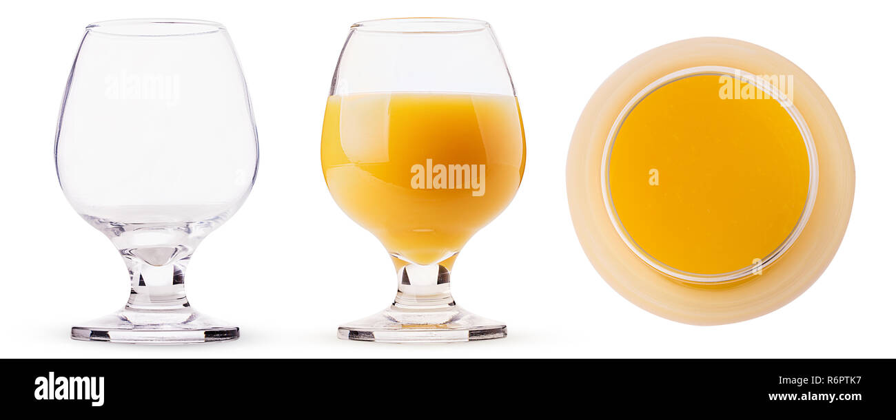 glass empty, with orange juice. top view isolated on white background ...