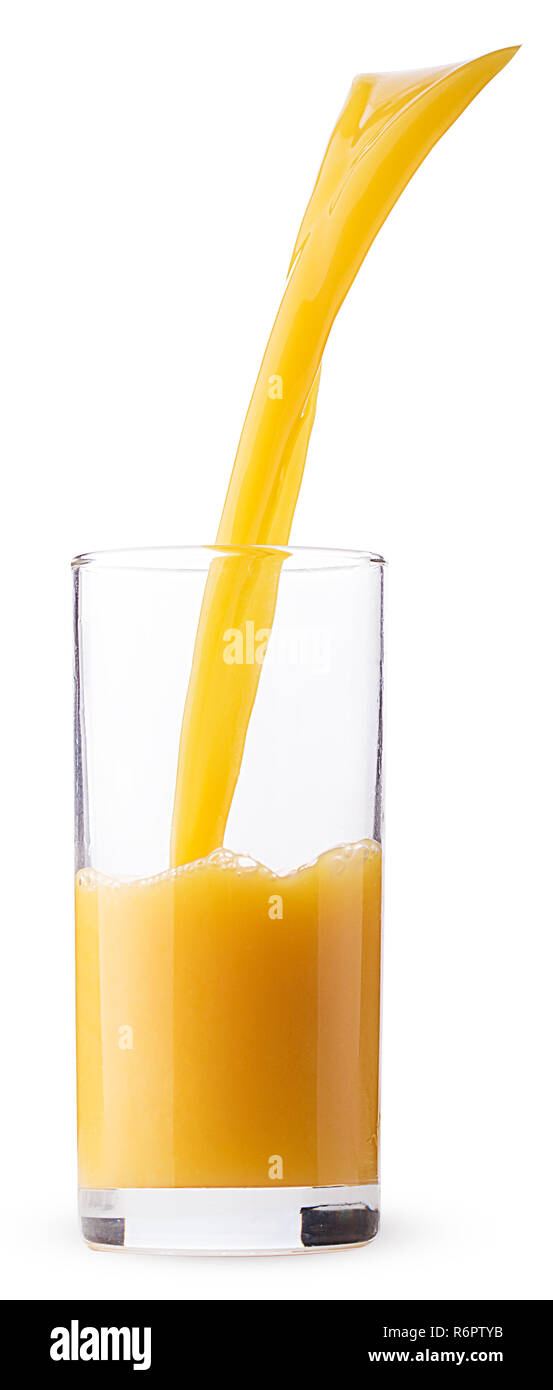 in a glass beaker pour fresh orange juice isolated on white background ...