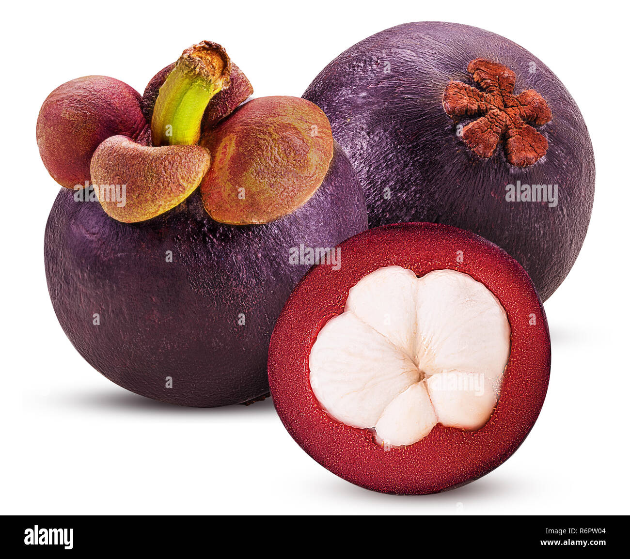 Two fresh mangosteen one cut in half isolated on white background ...