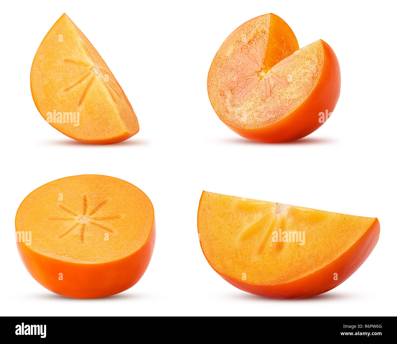 Set persimmon fruit slice, cut in half, three quarters isolated on ...