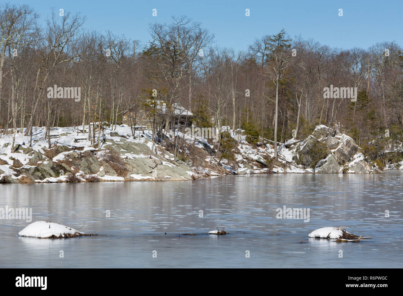 Ice covering Pelton Pond in the winter season, surrounding by bare ...