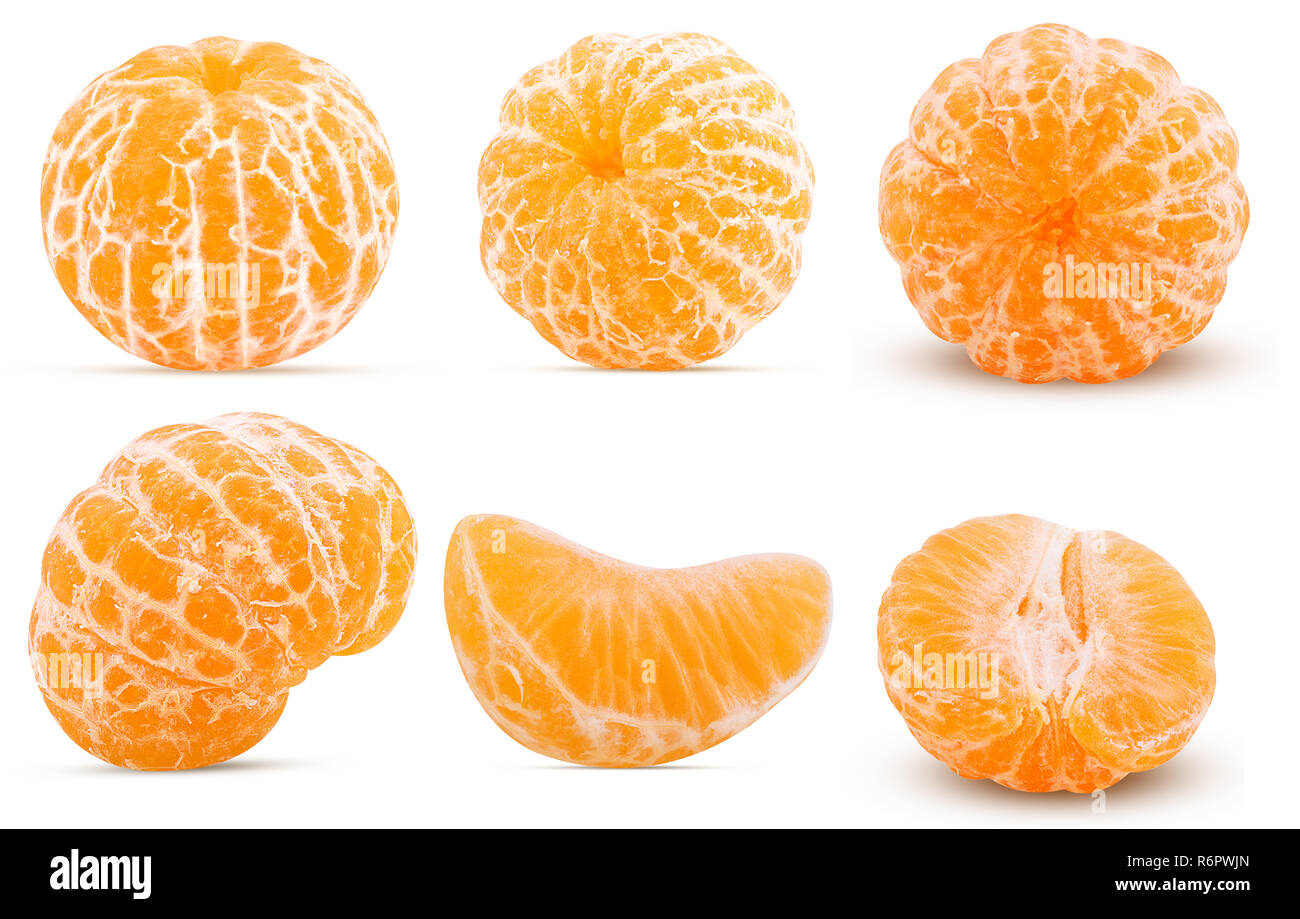 Set fresh peeled tangerine whole, half, one slice isolated on white ...