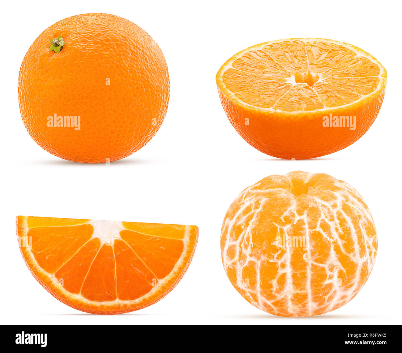 Set fresh mandarin whole, cut in half, slice and peeled isolated on ...