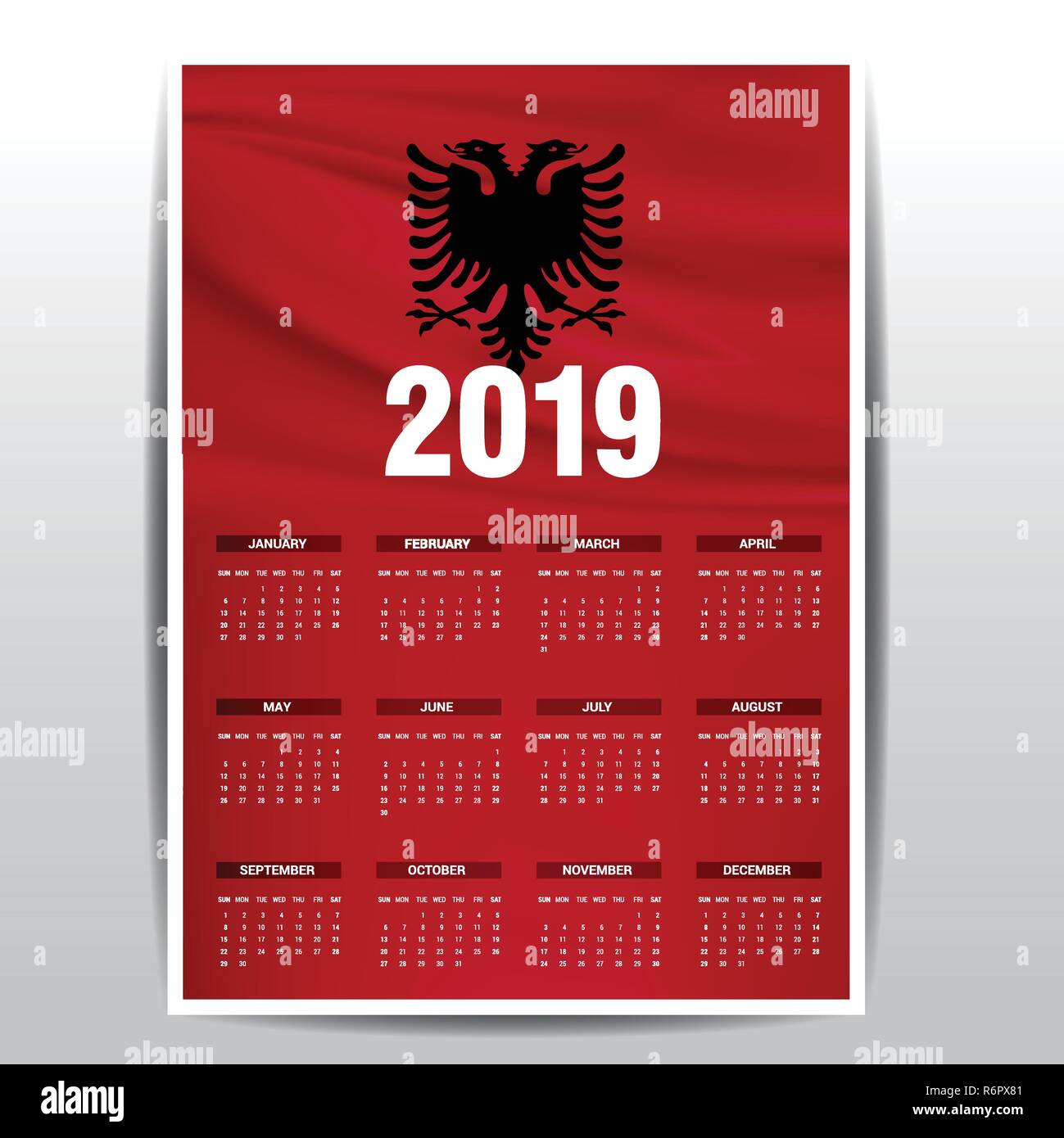 Calendar 2019 Albania Flag background. English language Stock Vector ...