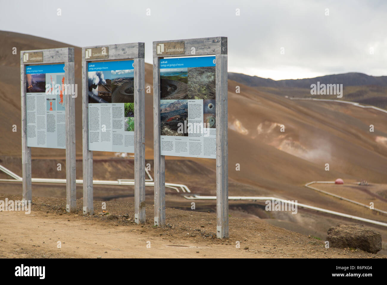 Tourist information boards with information at Hverir, Namafjall ...