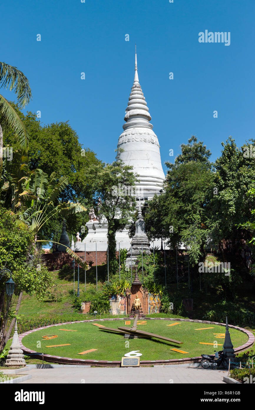 Clock in front of the stupa of Wat Phnom, Temple Mount, Phnom Penh ...
