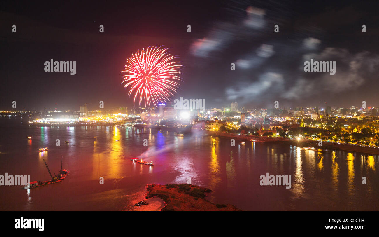 Fireworks over Tonle Sap and Mekong, city view, Phnom Penh, Cambodia ...