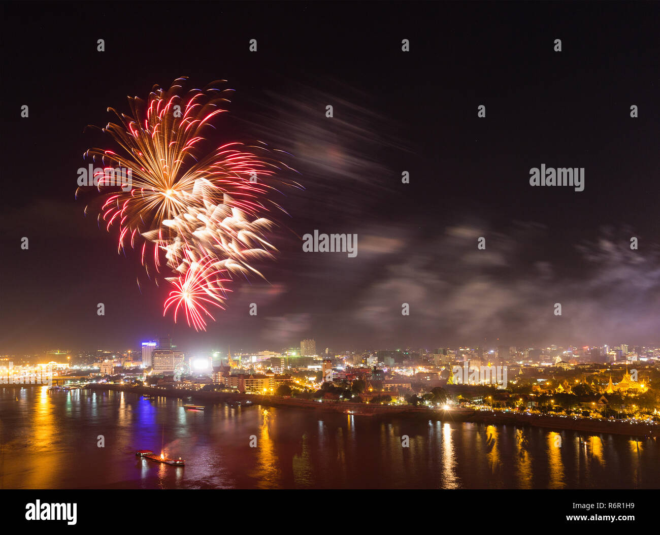 Fireworks over Tonle Sap and Mekong, city view, Phnom Penh, Cambodia ...