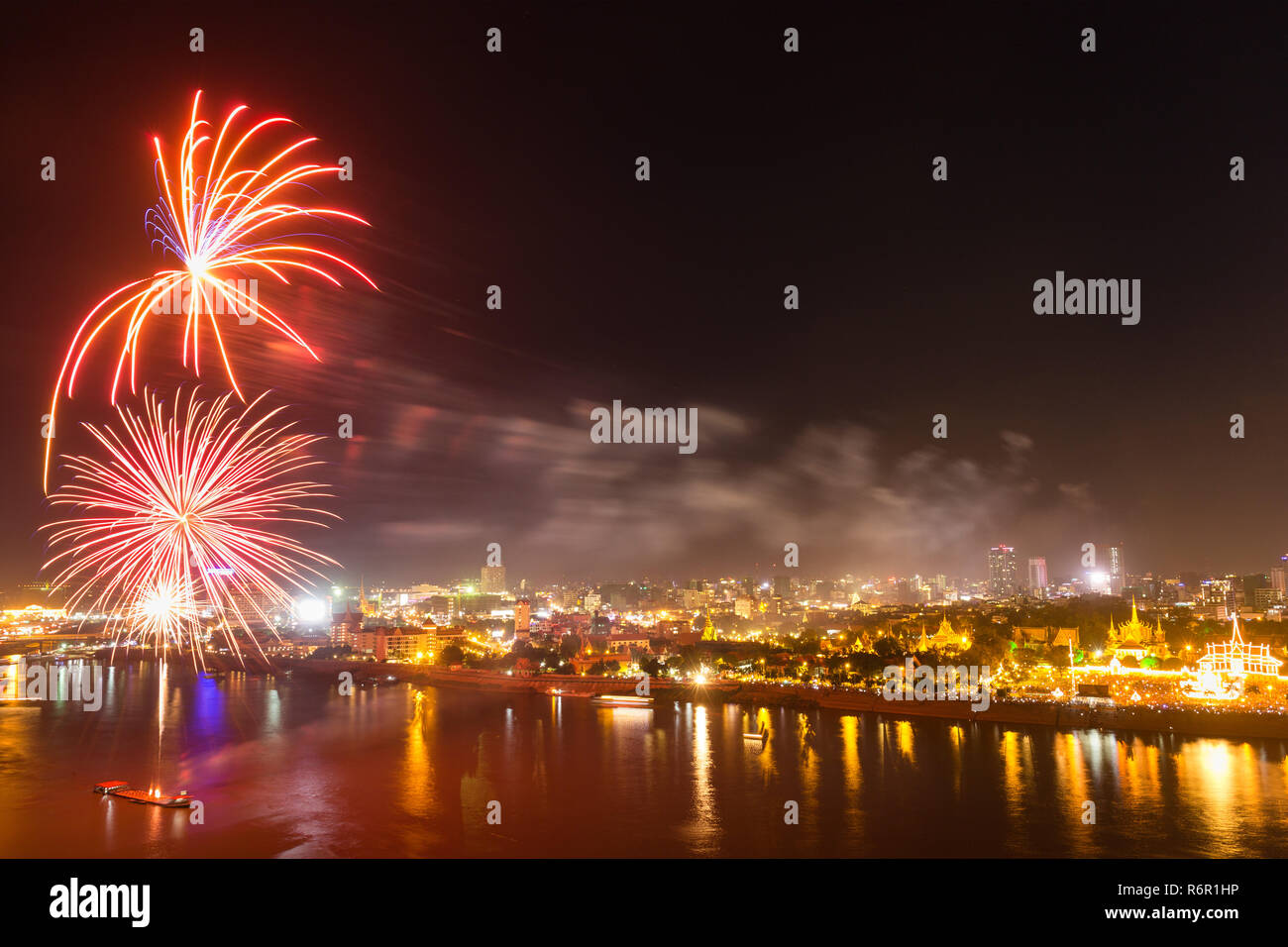 Fireworks over Tonle Sap and Mekong, city view, Phnom Penh, Cambodia ...