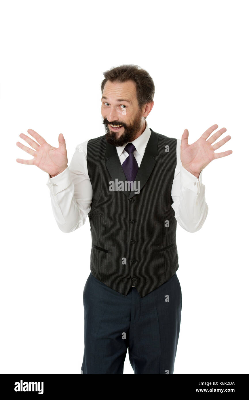 Tricky man shows hands palms as symbol of innocence. Business success ...