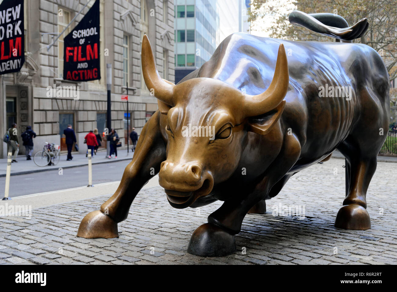 Bull in front of stock exchange, New York Stock Exchange, Wall Street, Manhattan, New York, USA ...