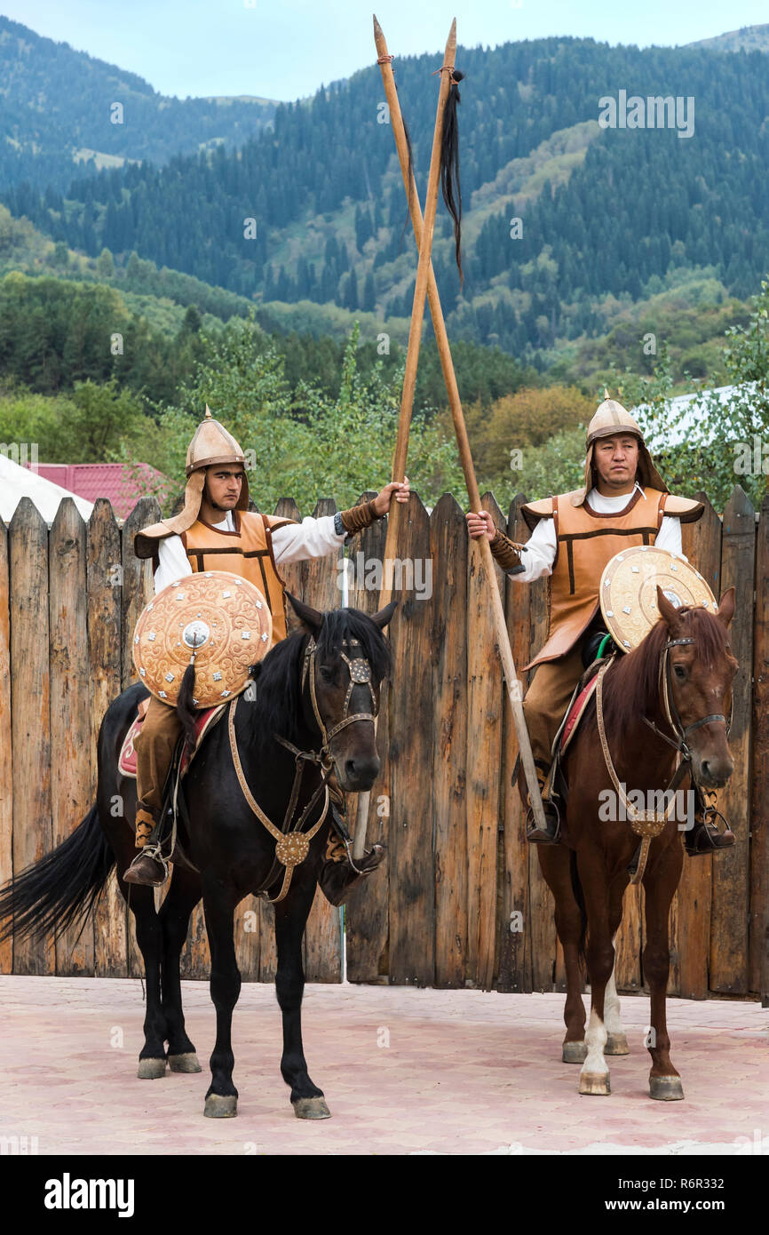 Two riders in front of the entrance of the Kazakh ethnographical ...