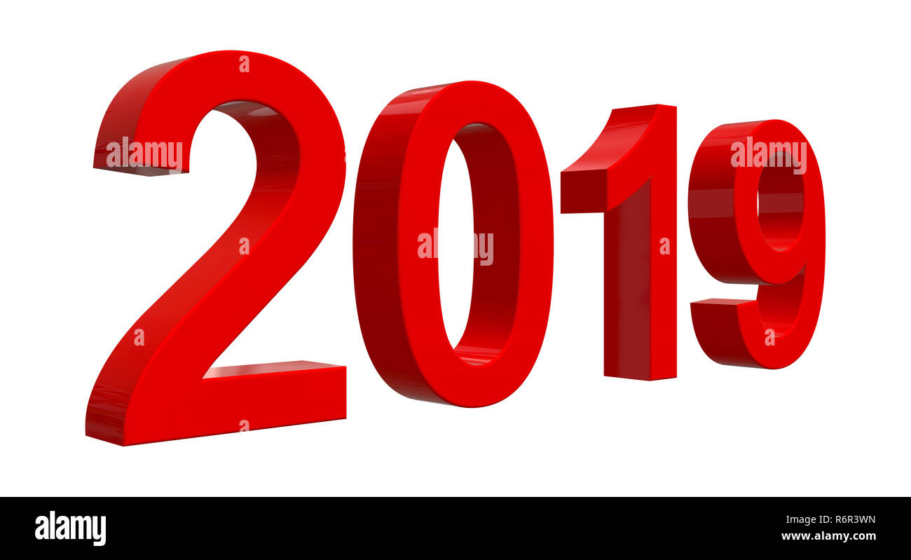 The number 2019 in shiny red numbers in front of a white background ...