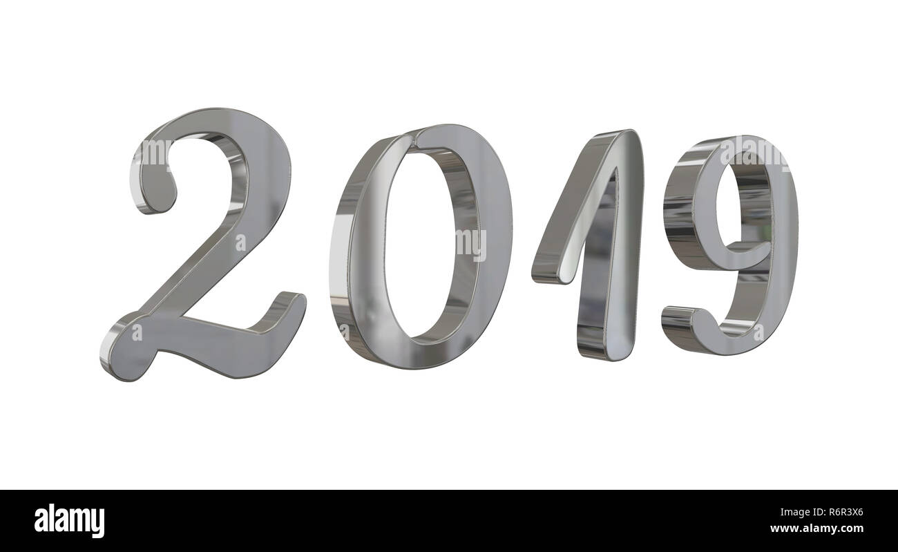 The year 2019 in shiny metallic silver numbers in front of a white ...