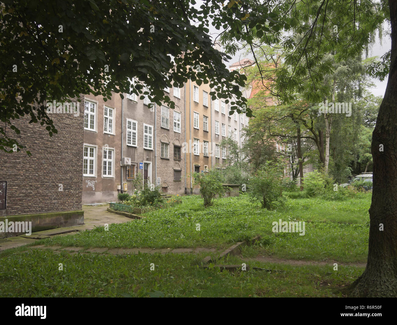 Inner city backyard between old residential apartment blocks in the ...