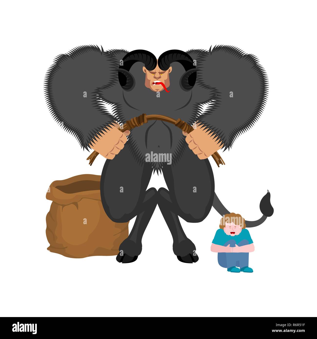 Krampus and children. Anti Santa Claus for bad kids. Scary horned ...