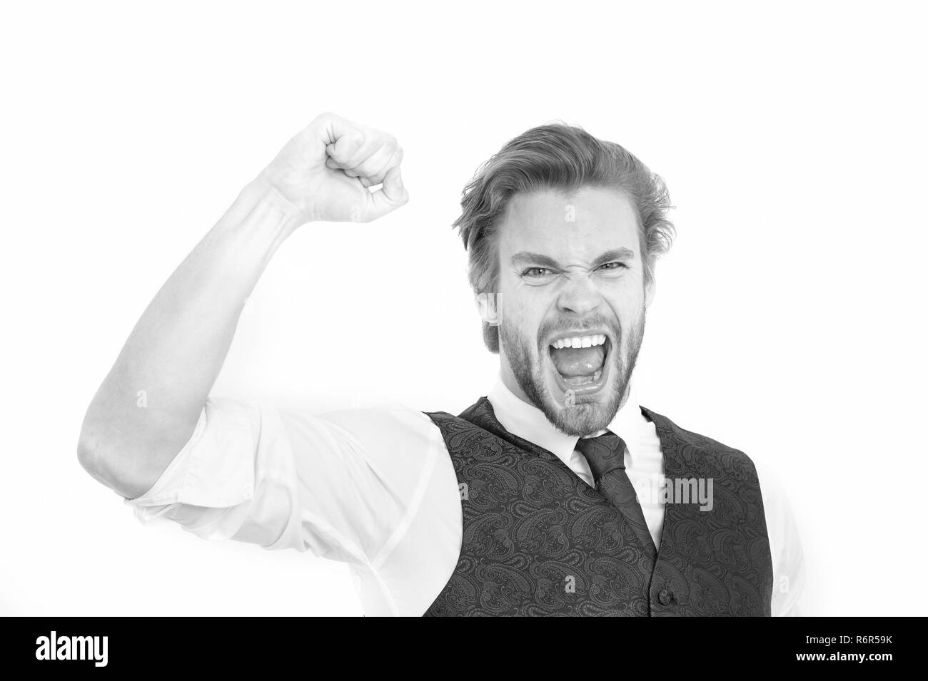 successful bearded man or happy gentleman in waistcoat and tie isolated ...