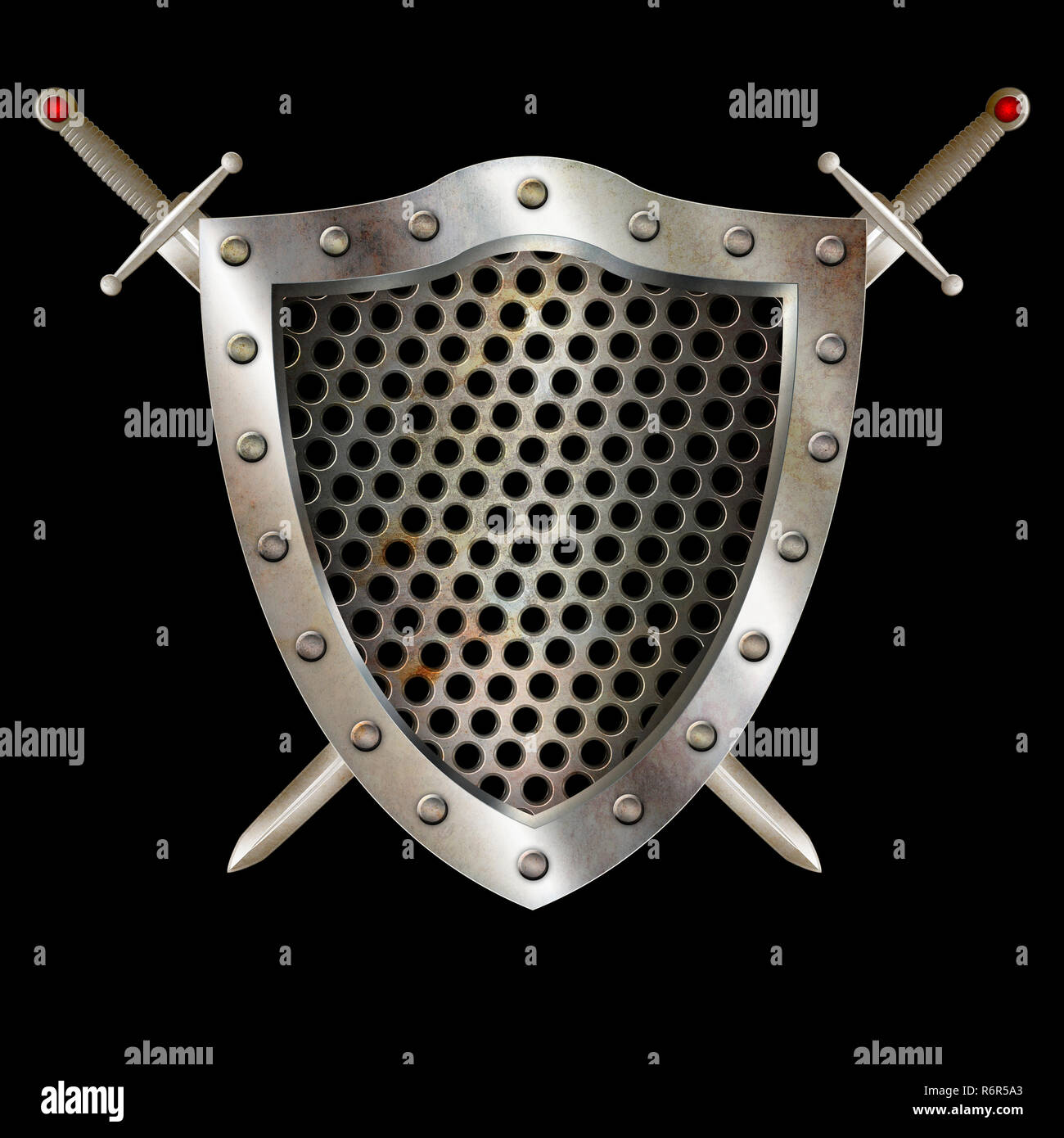 Medieval riveted shield with riveted border, metal grid and swords on ...