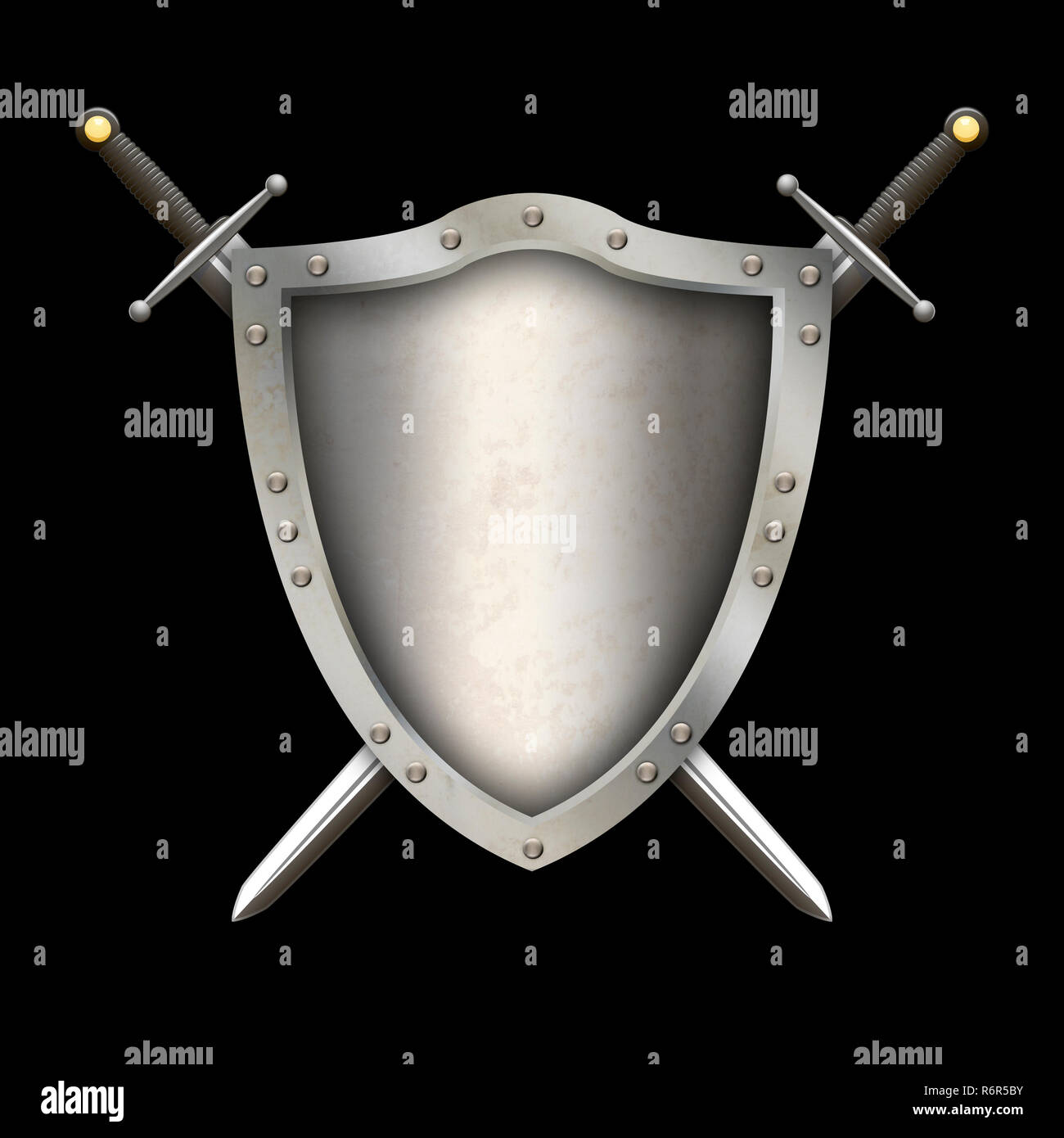 Medieval riveted shield with two swords on black background Stock Photo ...