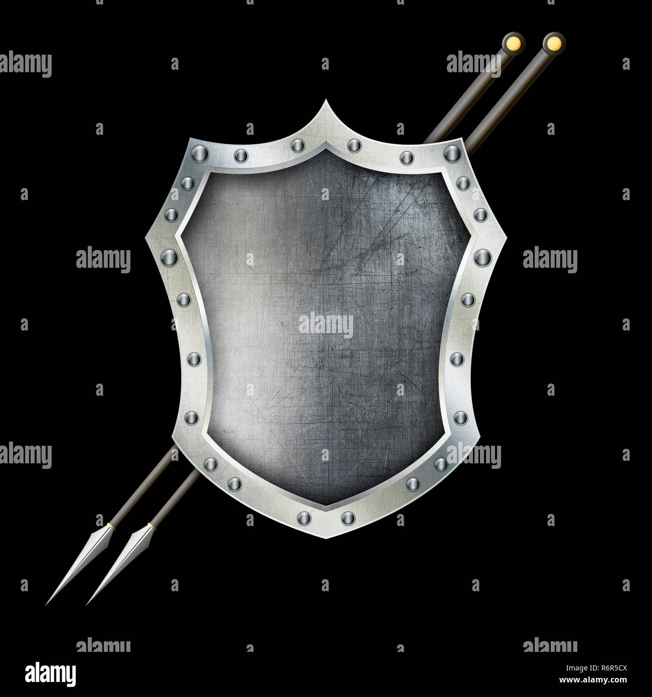 Medieval riveted shield and two spears on black background Stock Photo ...