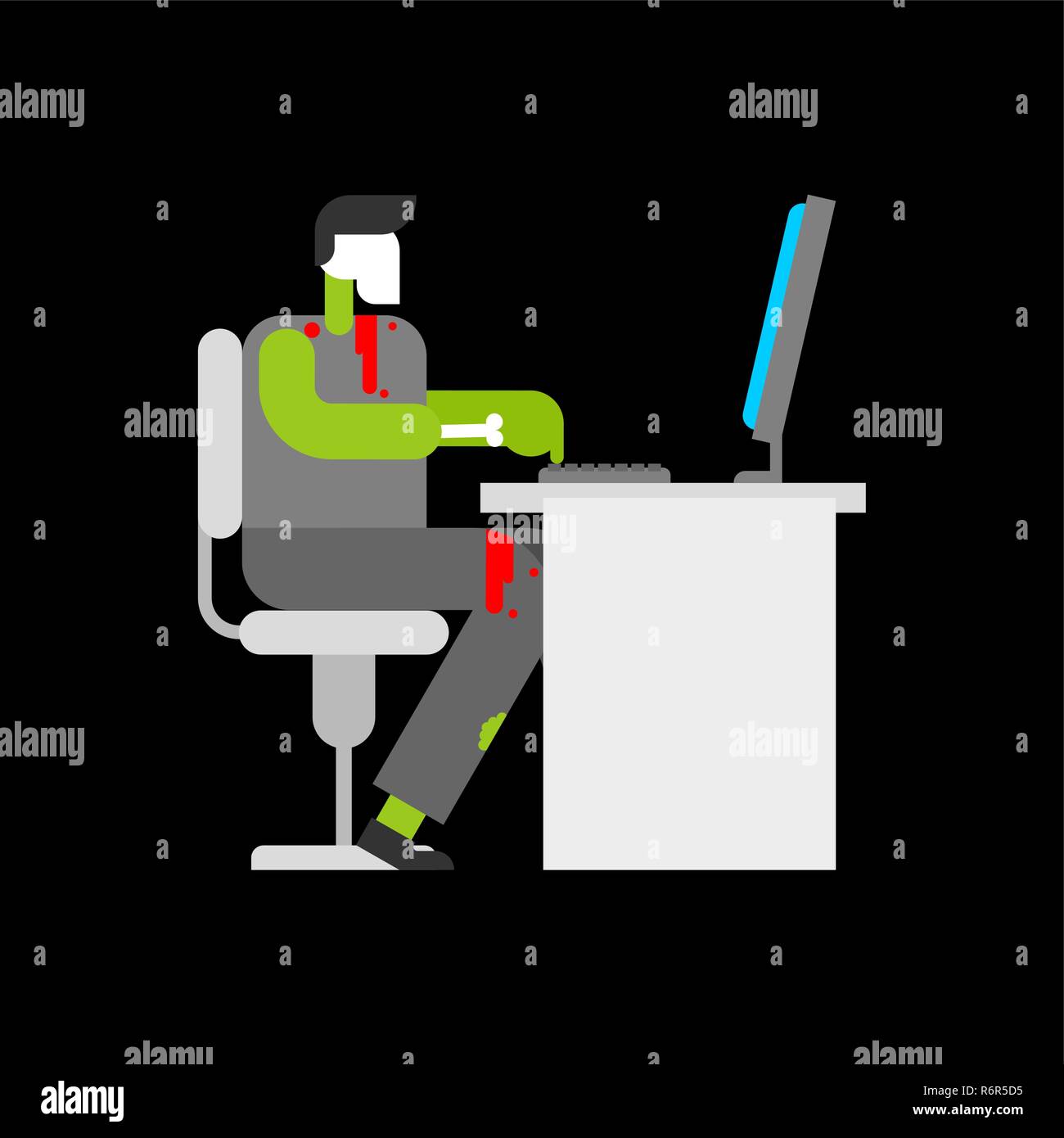 Zombie and computer working. Boy green dead and PC Stock Vector Image ...