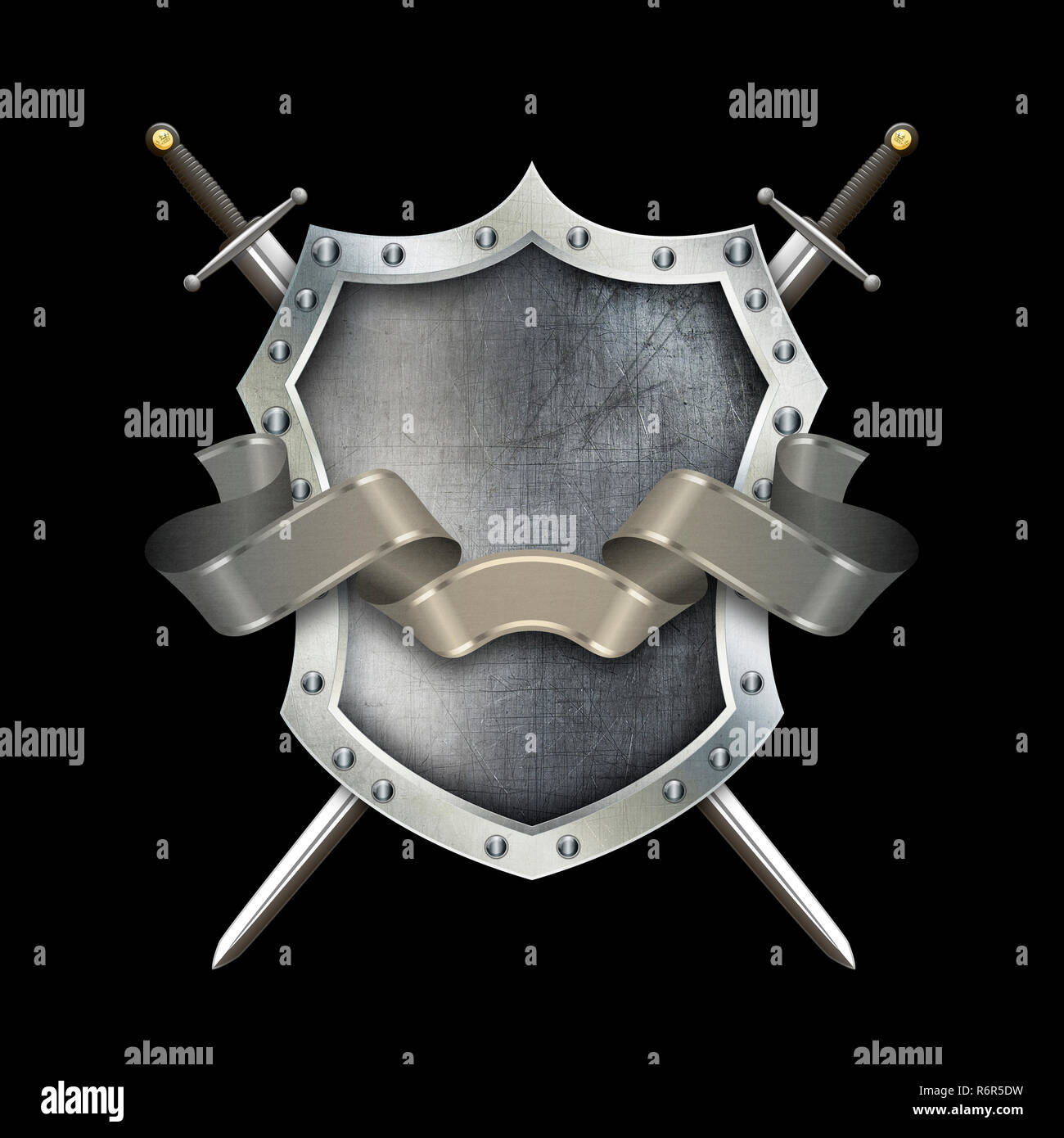 Medieval riveted shield with silver ribbon and two swords on black ...