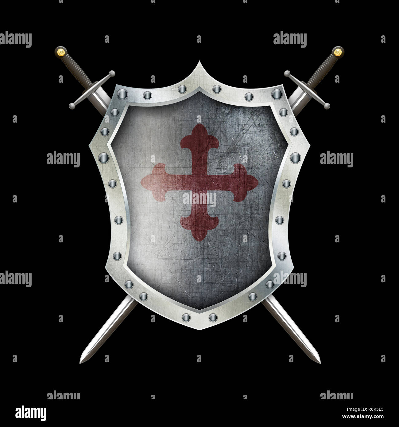 Medieval riveted shield with cross and two swords on black background ...