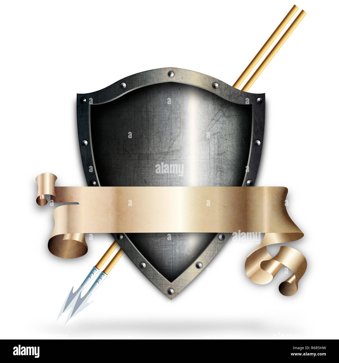 Ancient shield with parchment scroll and two spears on white background ...