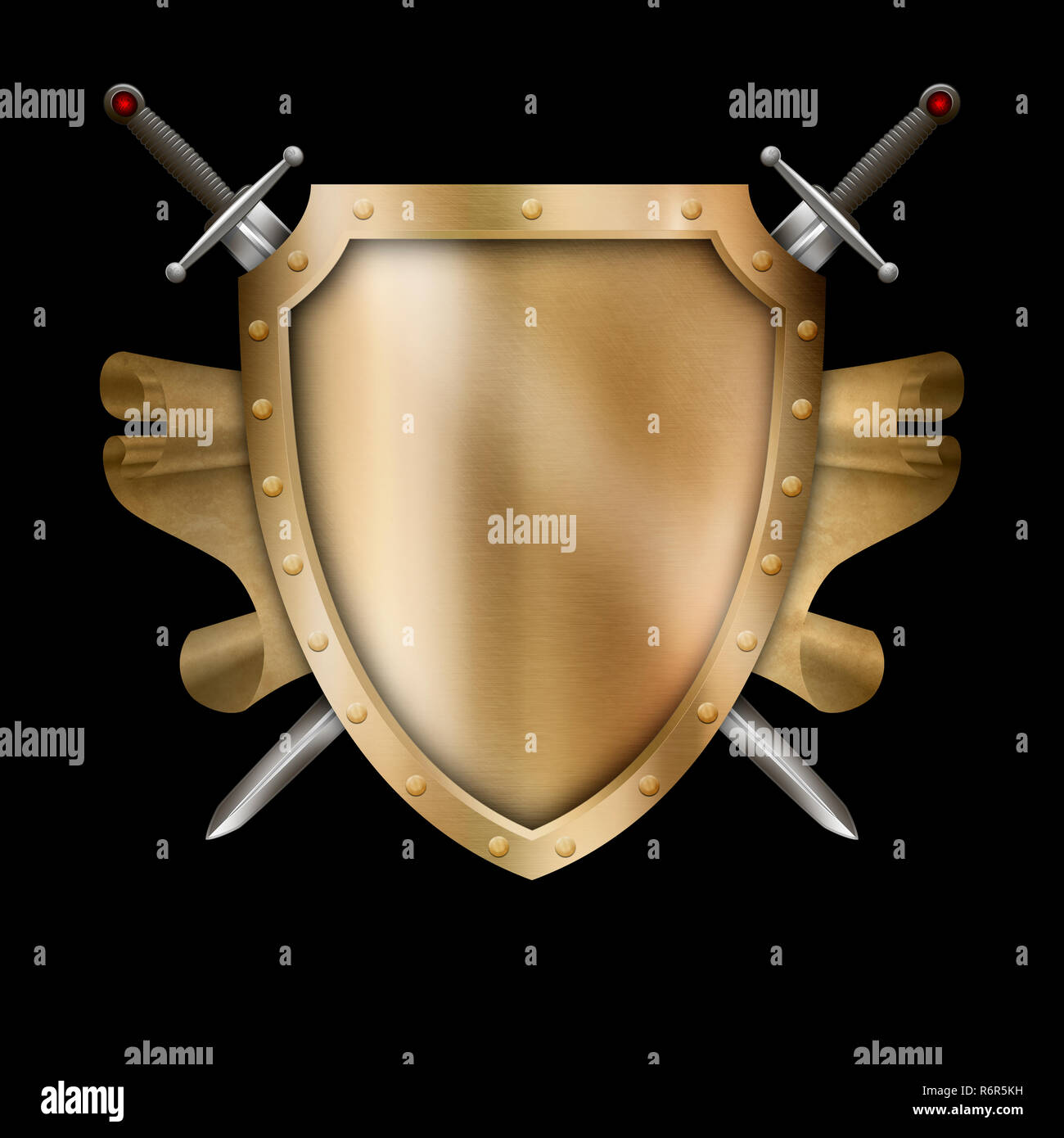Ancient riveted shield with swords and scroll on black background Stock ...