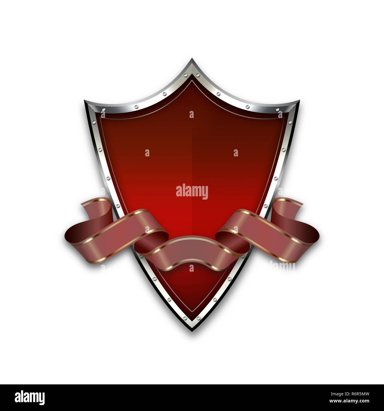 Red medieval shield with riveted border and ribbon on white background ...