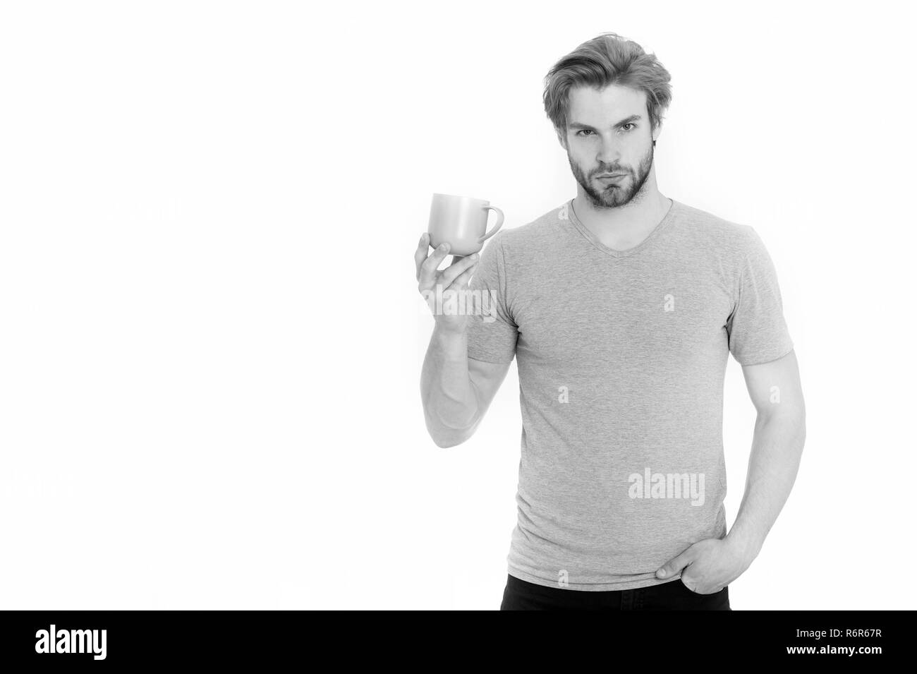 Young man tea mug Black and White Stock Photos & Images - Alamy