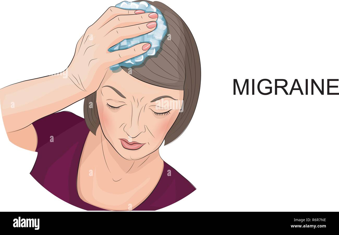 illustration of a woman suffering from headache holding ice on his head ...