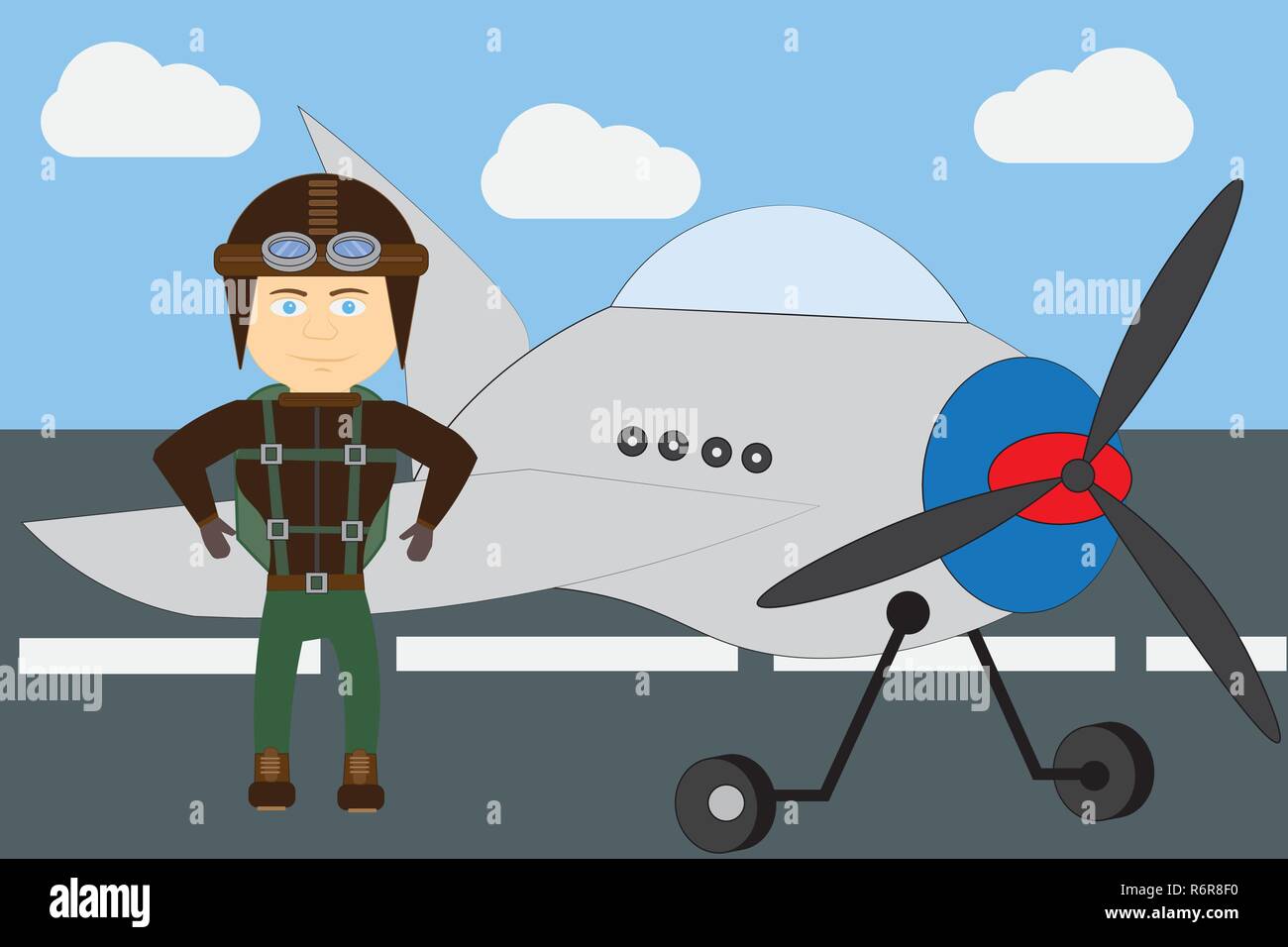 Young pilot standing by airplane at hangar.Cartoon vector illustration ...