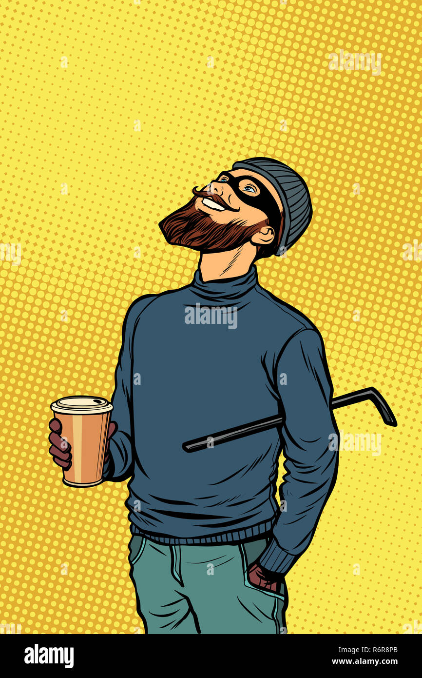 Robber thief hacker drinks coffee and looks up Stock Photo - Alamy