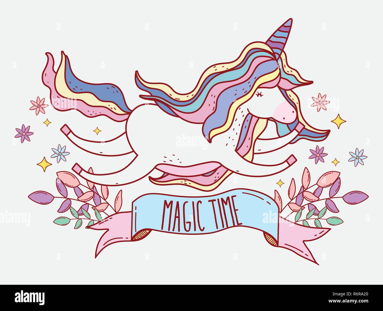 cute unicorn flying with stars and plants leaves Stock Vector Image ...