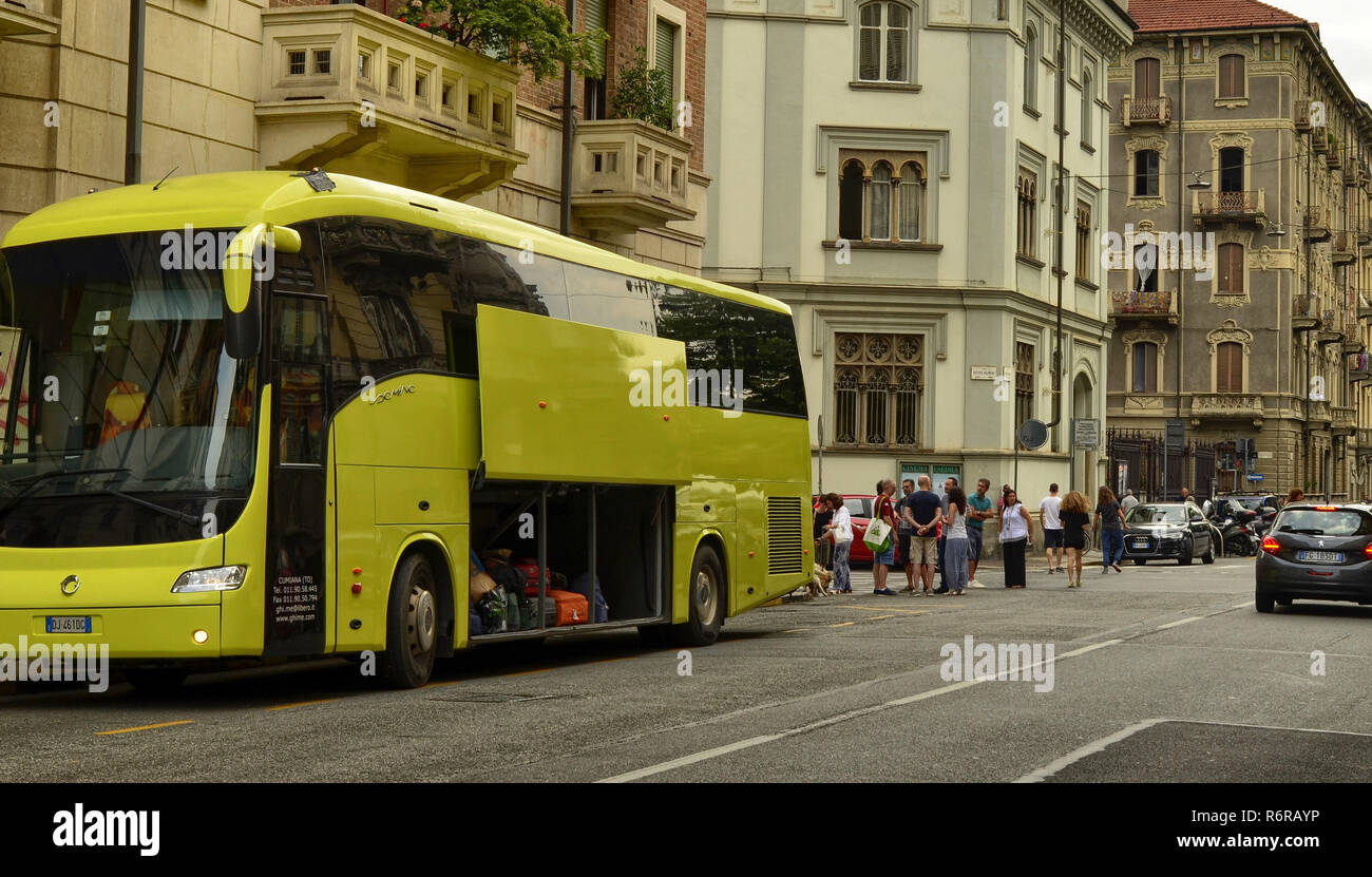 Turin, Piedmont, Italy. July 2018. Departure for the boys' summer camp ...