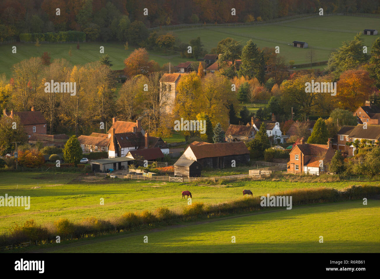 An Autumn view over the Chiltern village of Fingest and the Church of ...